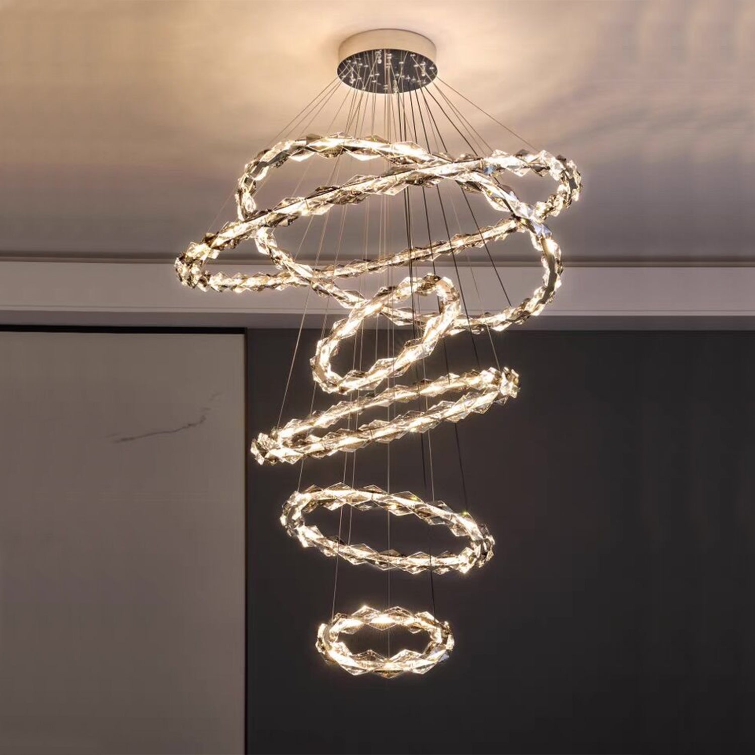 Oversized Multi-Tiered Rings Crystal Chandelier Modern Clear and Grey